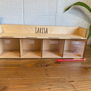 Large Save Give Invest Spend Money Bank - Custom Personalized Name Wood ...