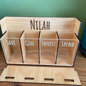Save Give Invest Spend Money Bank - Custom Personalized Name Wood Piggy ...