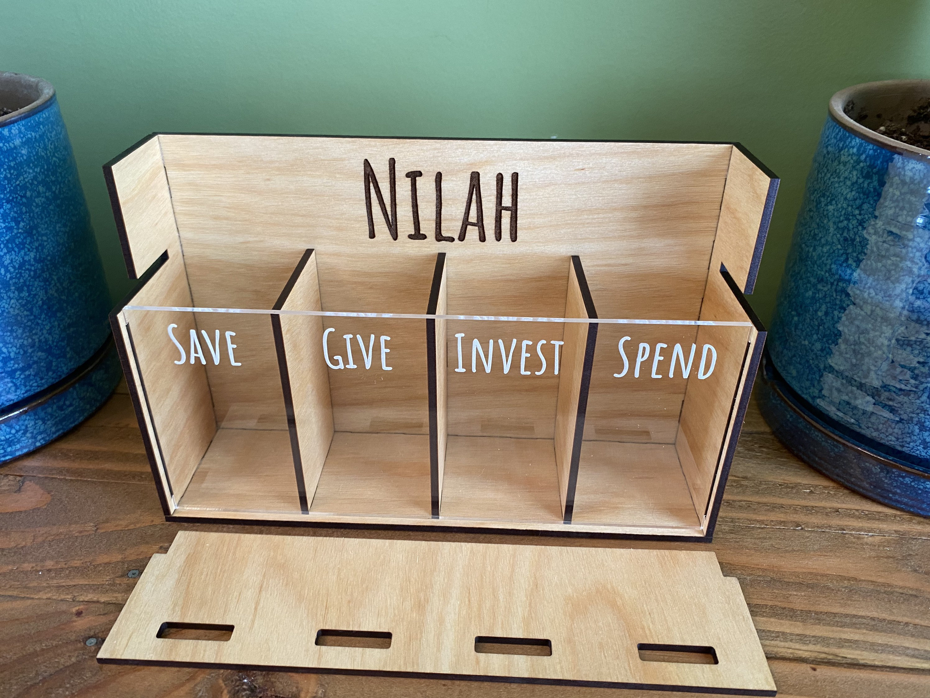 Save Give Invest Spend Money Bank - Custom Personalized Name Wood Piggy ...