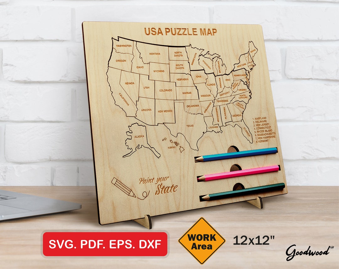 United States Puzzle Map of Wood SVG Eps DXF, Laser Cut Files, Desktop ...