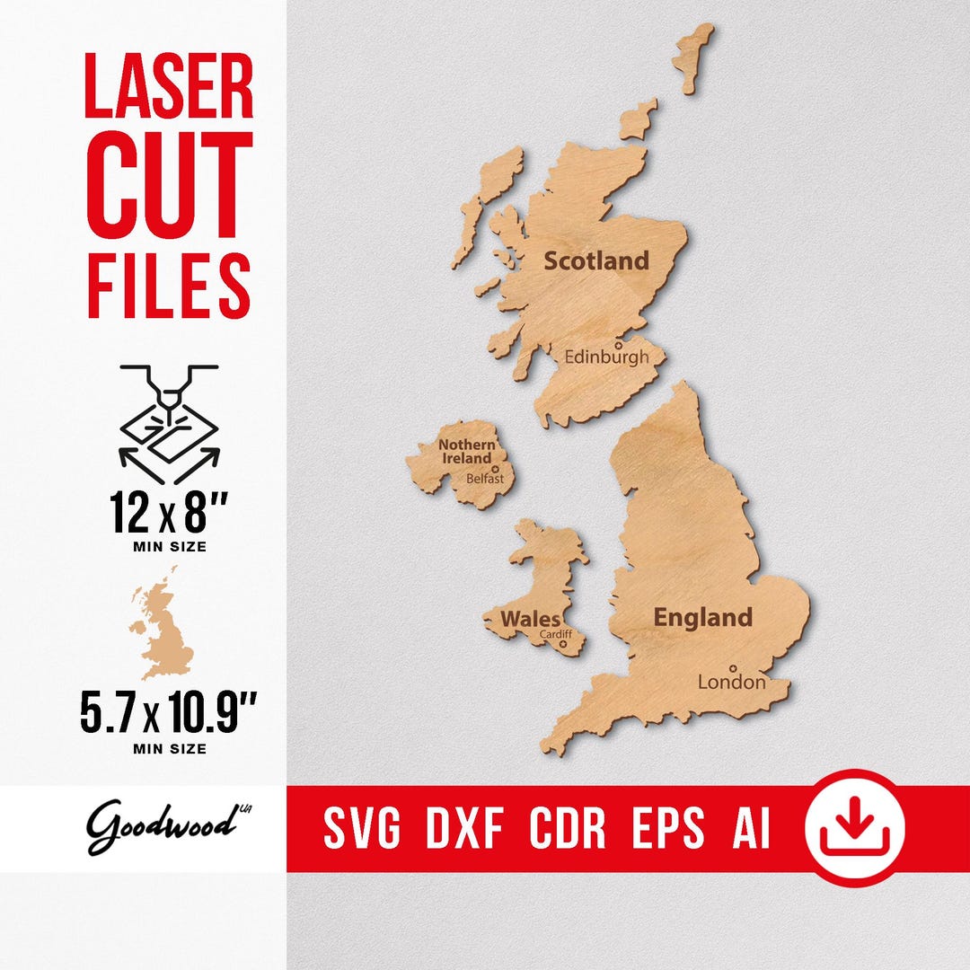 UK Map SVG DXF Laser Cut File, Fits 12x8" Lasers, United Kingdom Puzzle ...