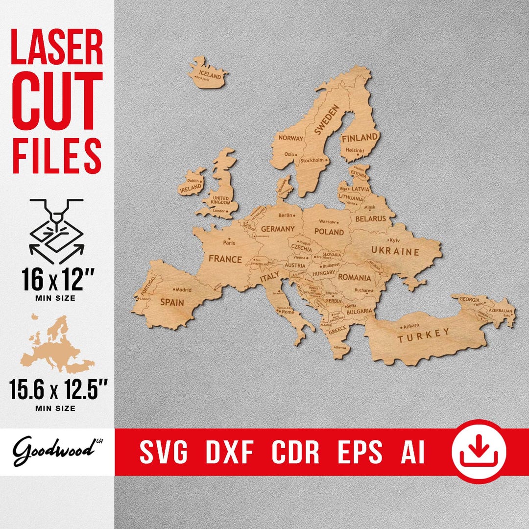 Europe Map Template for Laser Cutting – Countries With Capitals SVG DXF ...