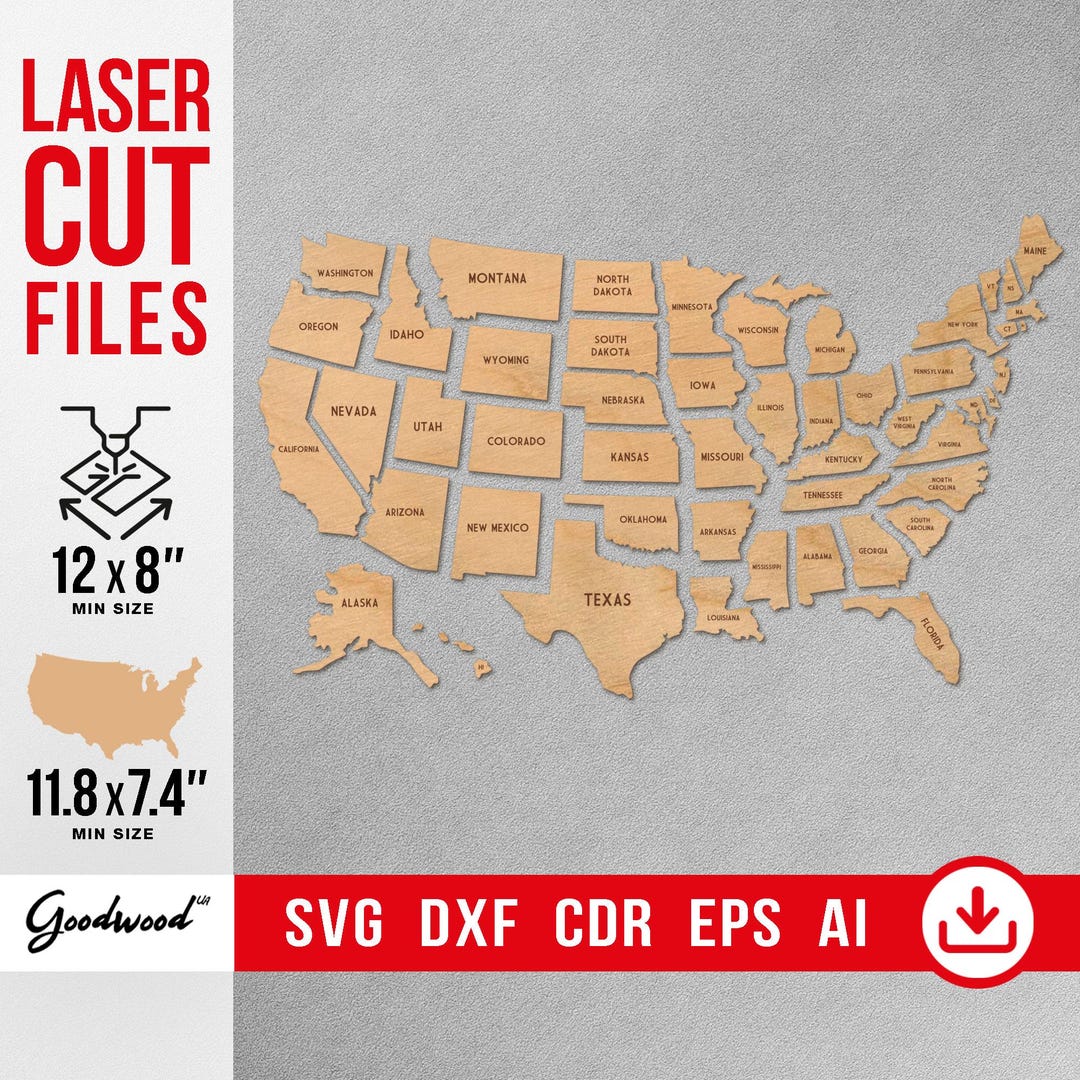 USA Map Laser Cut File, US States Puzzle SVG for Glowforge, Wooden ...