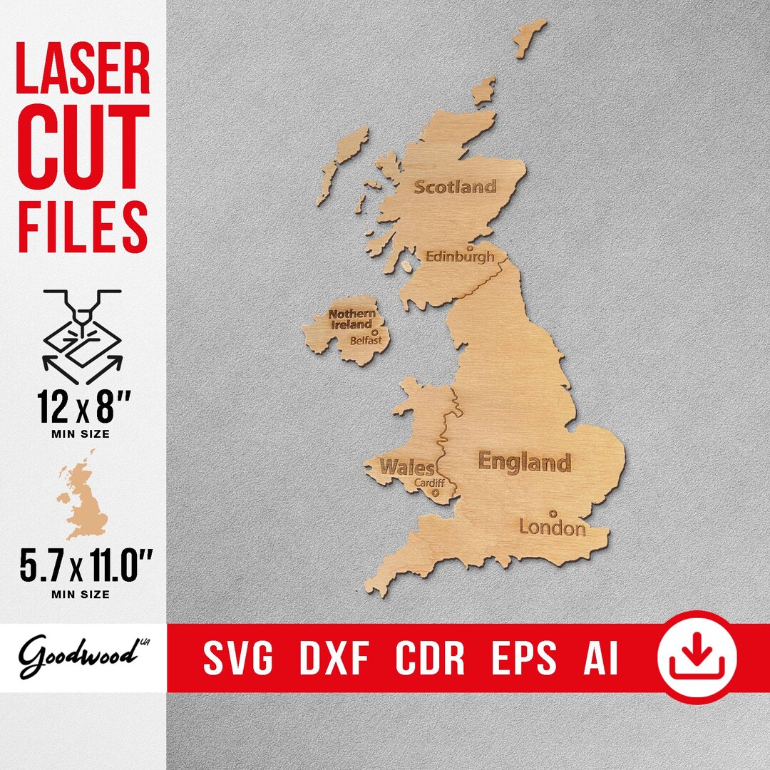 Great Britain Wall Map SVG DXF Cdr – Laser Cut Template With Regions ...