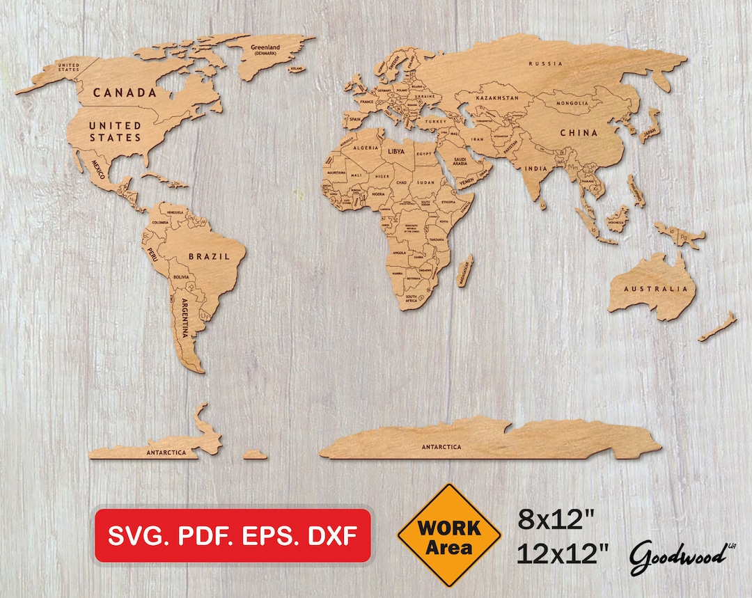 World Map With Countries SVG DXF EPS, Wood Wall Art, Laser Cut File ...