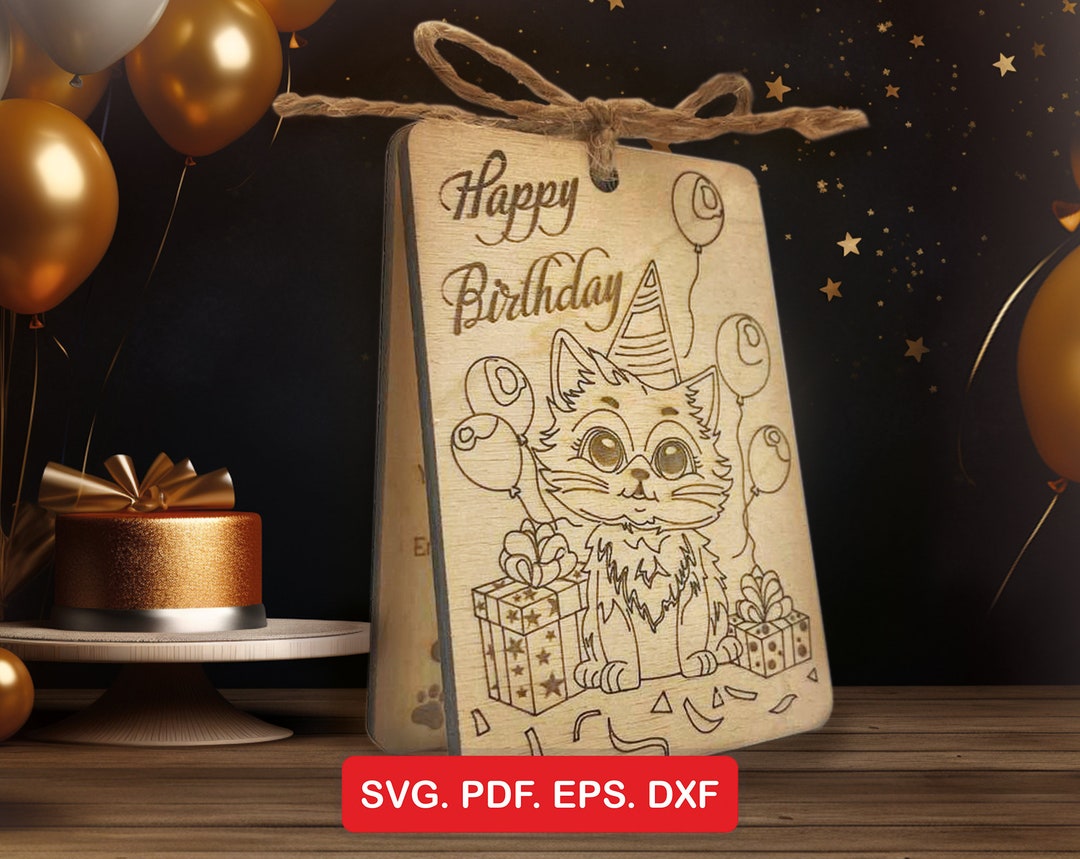 Happy Birthday Cute Cat Card SVG Cdr DXF EPS Wooden Greeting - Etsy