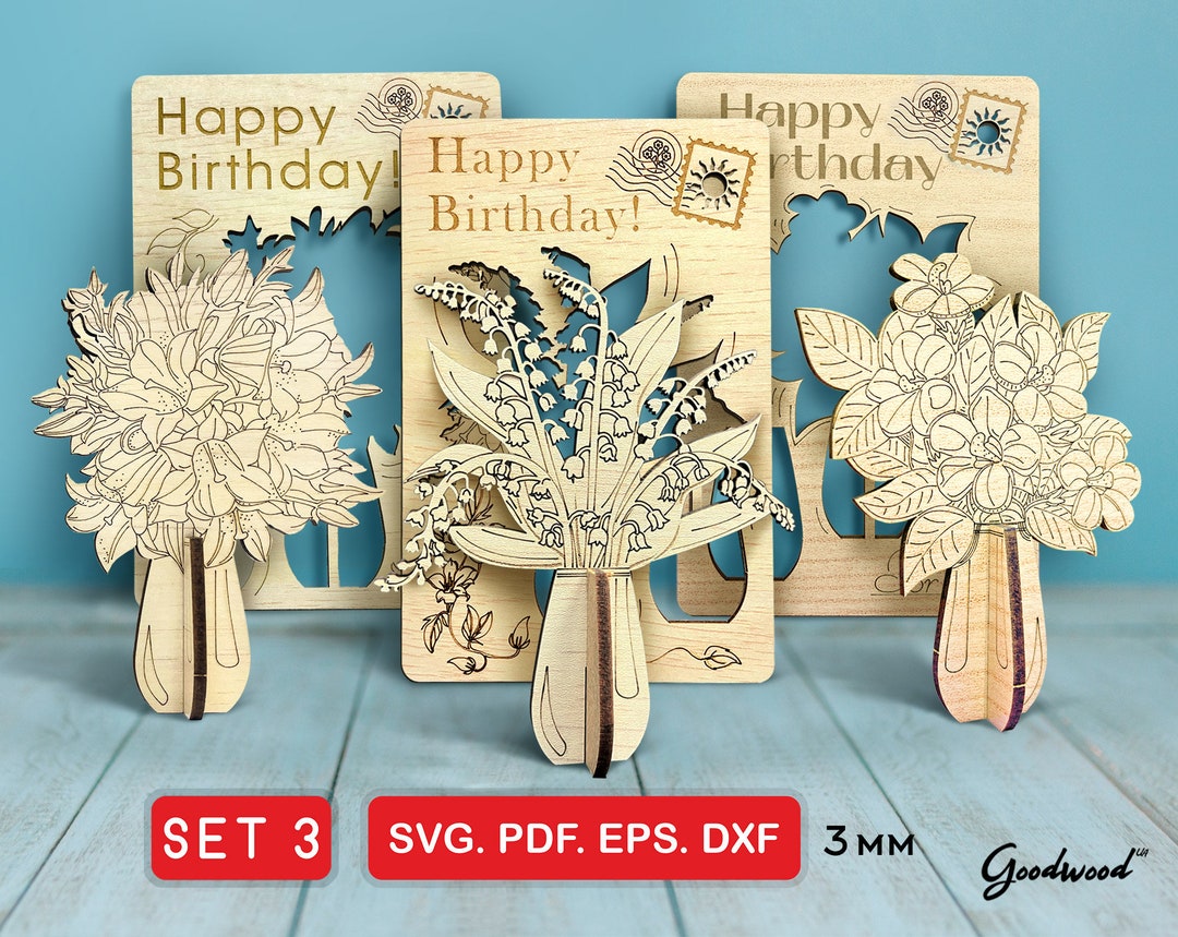 Card With Bouquet of Flowers SVG, Greeting Card 3D, Pop up Cards, Laser ...