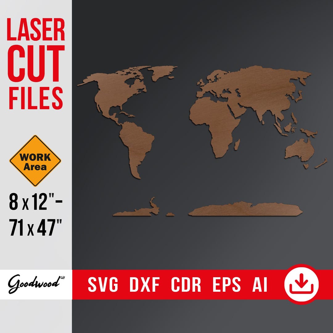 World Map Laser Cut SVG File, Continents and Islands, Template Wall Map ...