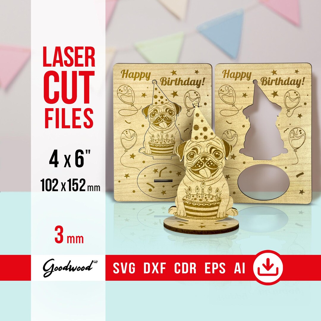 Pug Dog 3D Pop up Birthday Card SVG – Puppy Bday Gift for Glowforge ...