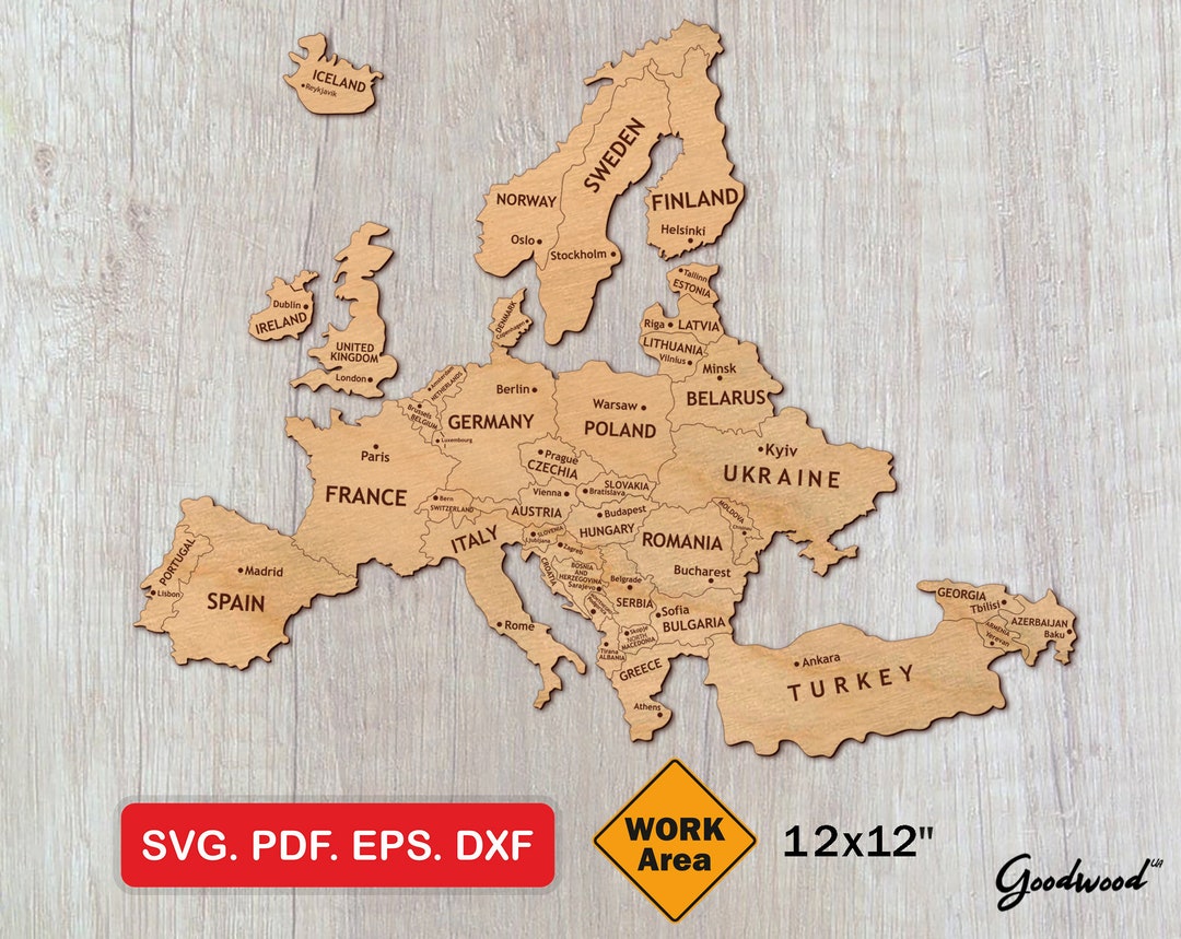 Map of Europe With Countries SVG, Map With Capitals, Vector File DXF ...