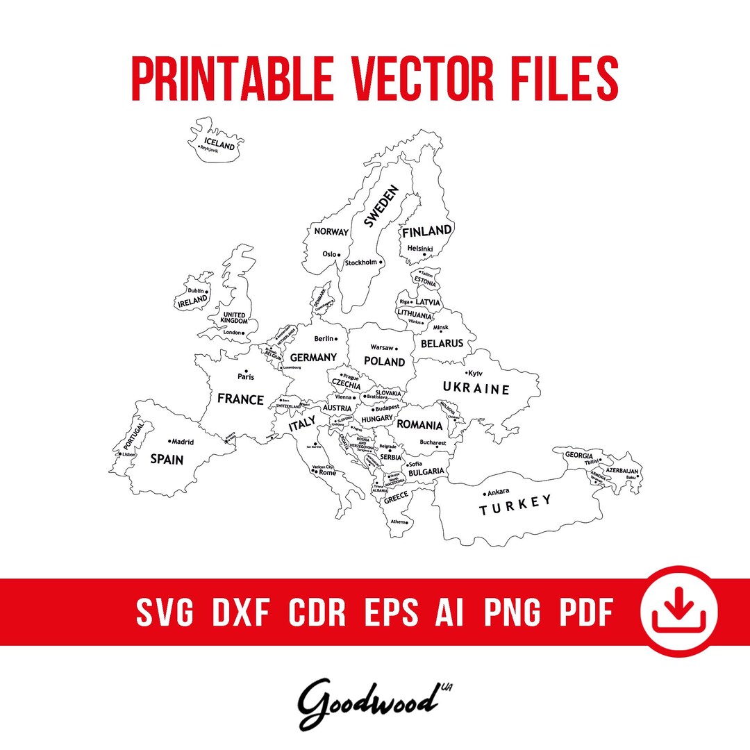 Europe Map SVG With Country Borders and Names, European Continent ...