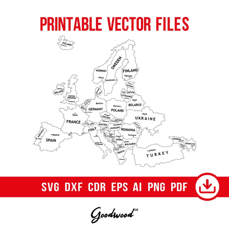 Europe Map SVG With Country Borders and Names, European Continent ...