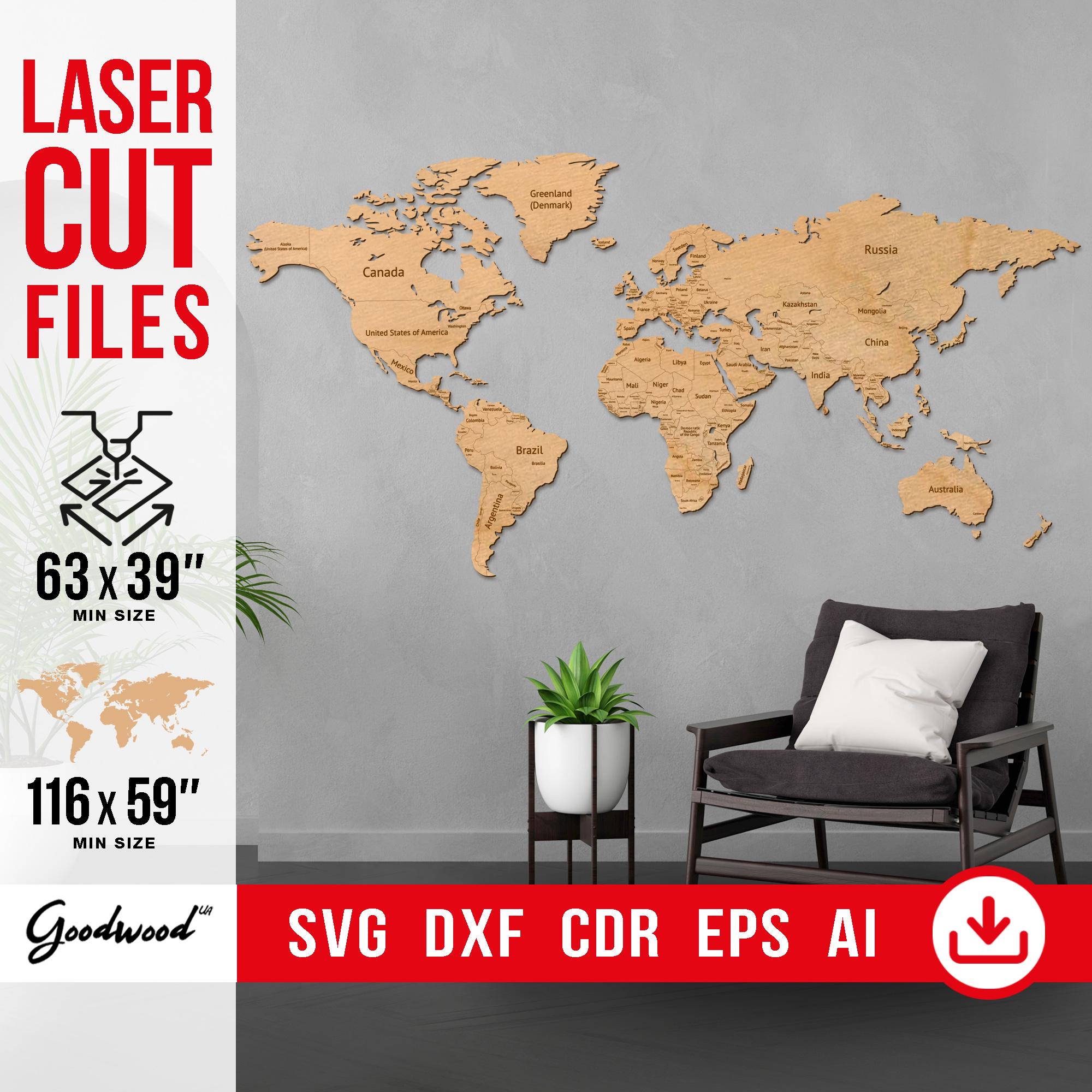 World Map Laser Cut Template SVG DXF Eps Ai, Political Wall Map With ...