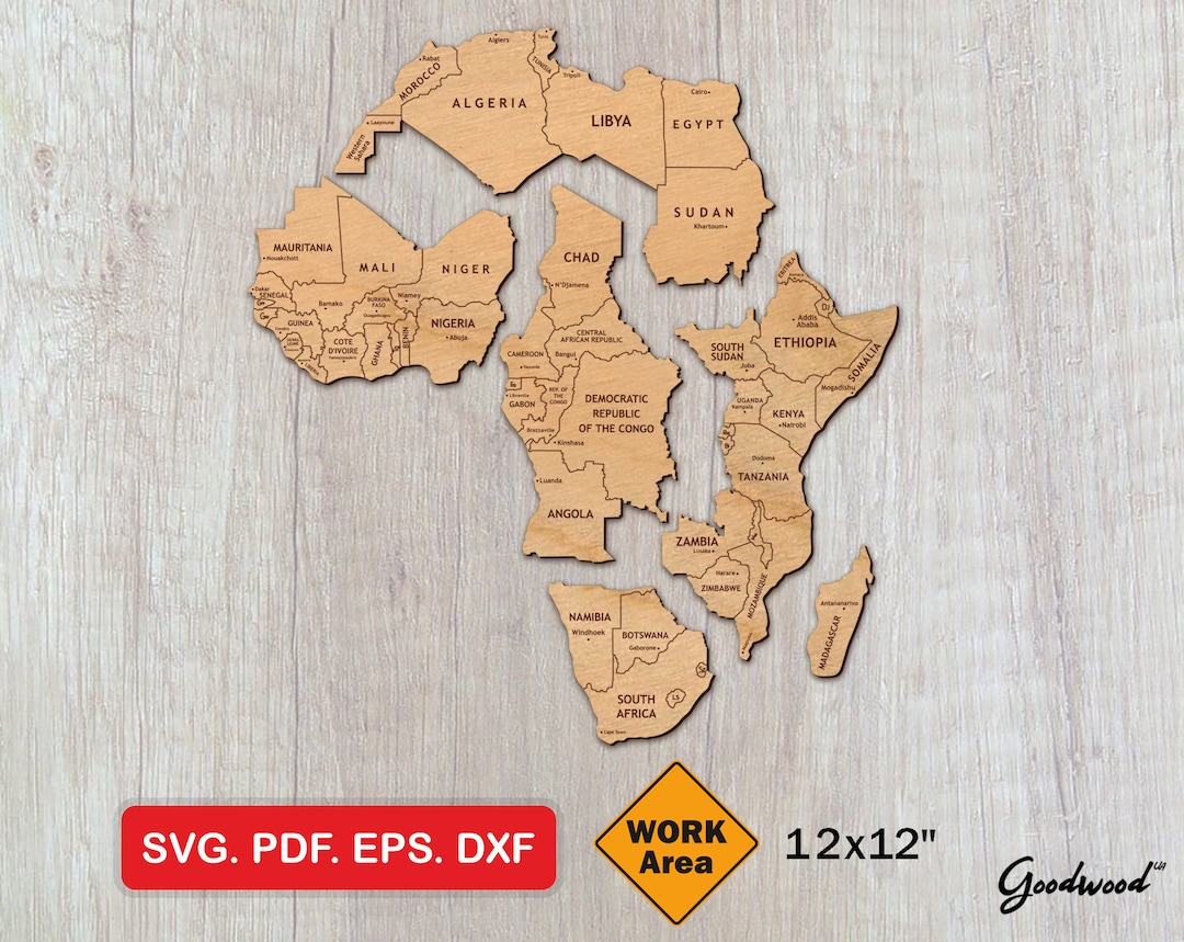 Map of Africa With Countries SVG, Laser Cut Files Cdr DXF EPS, Big Map From Parts, Working Area ...