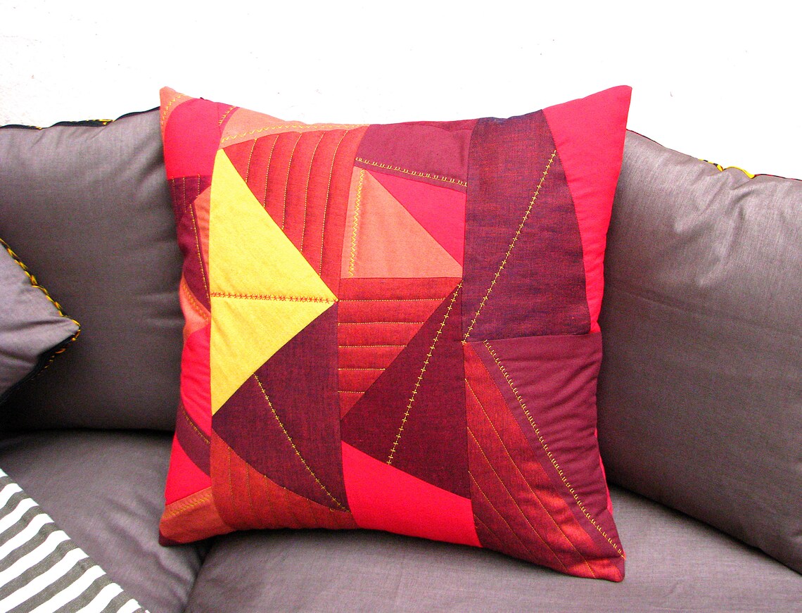 Red Boho Quilted Throw Pillow Cover for Home Decor Colorful | Etsy