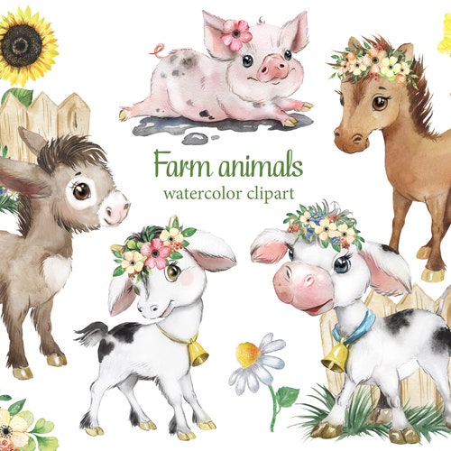 Farm Cow Rabbit Goat. Watercolor Little Animals Clipart Calf | Etsy