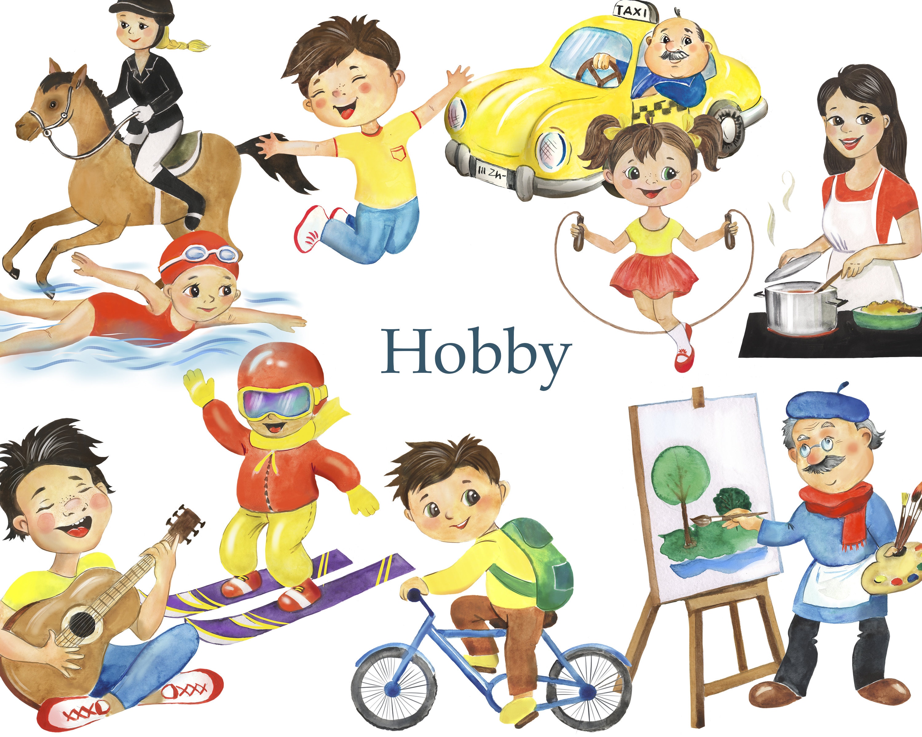 Hobby watercolor clipart. Sports and hobbies. Summer holidays. | Etsy