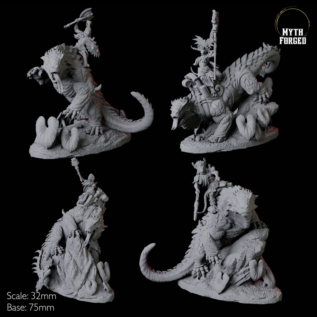 Four Lizardfolk Riding Giant Lizard Miniatures for D&D, Dungeons and ...