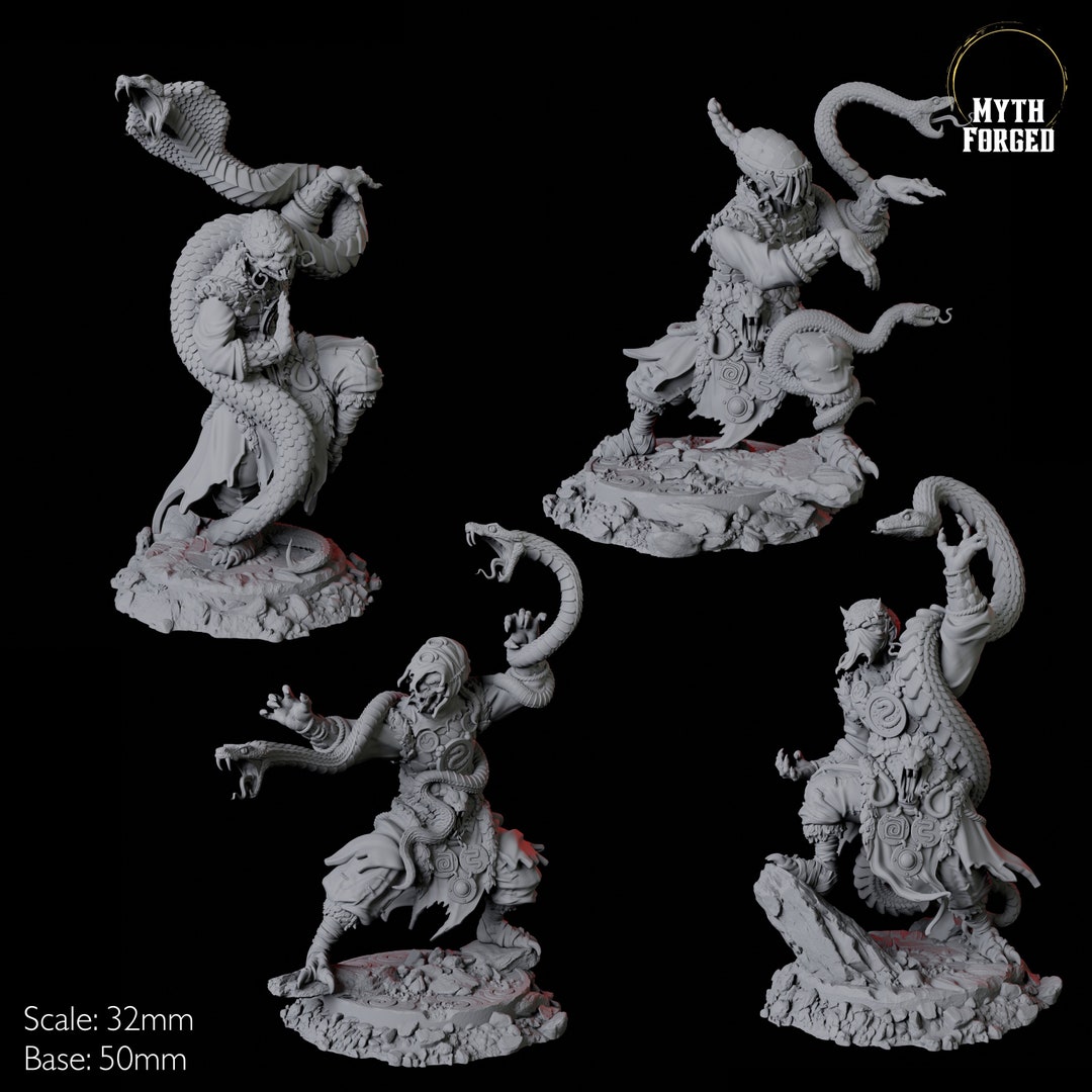 Four Yuan-ti Malison Snake Charmer Miniatures for D&D, Dungeons and ...