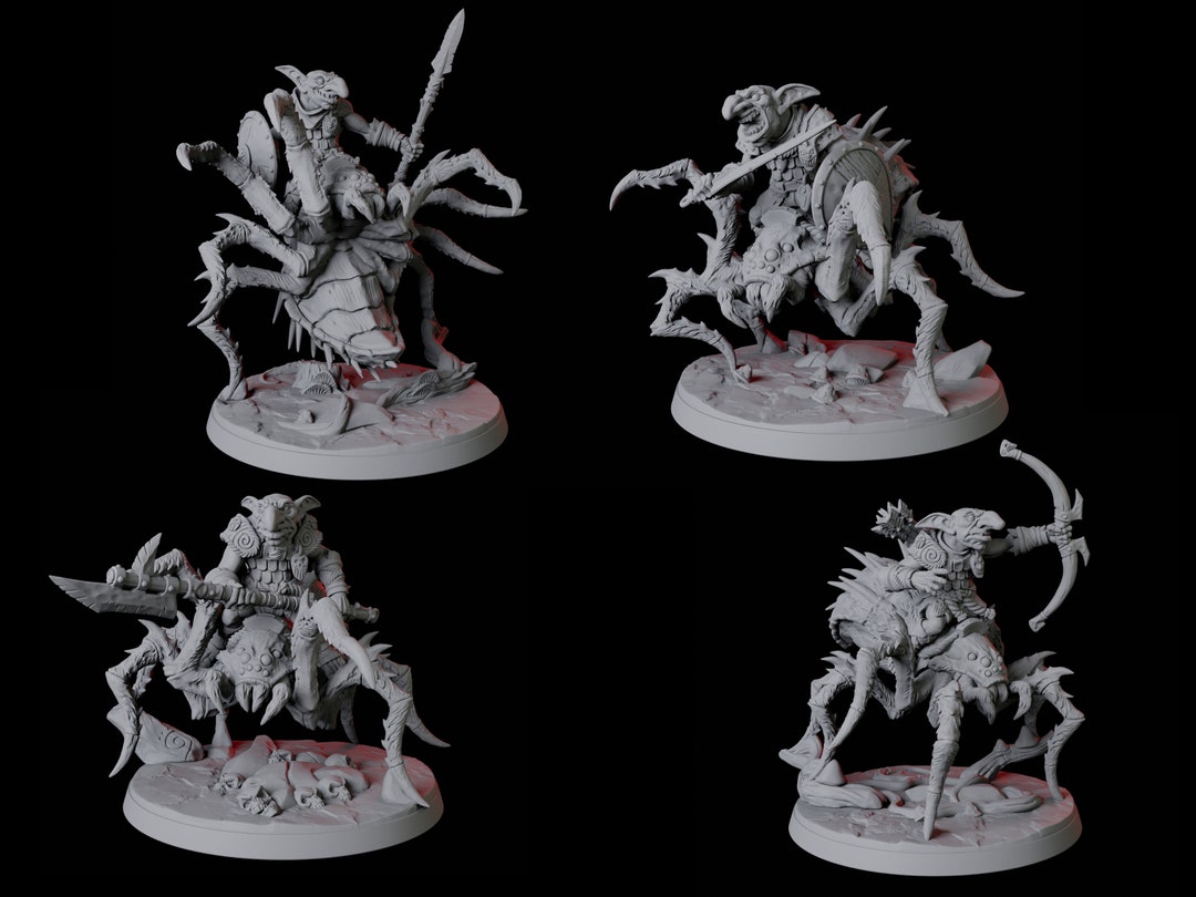 Four Spider Mounted Goblin Rider Miniatures for D&D, Dungeons and ...