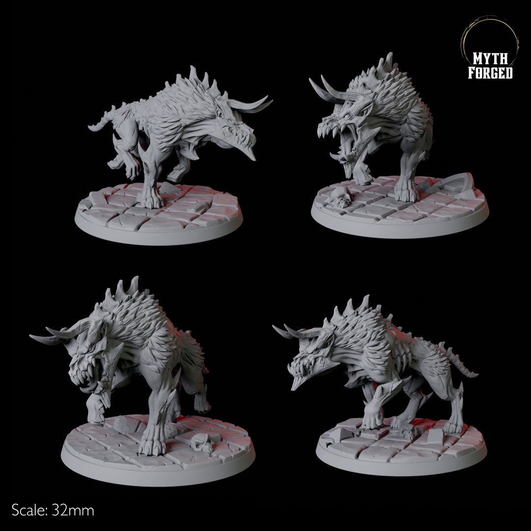 Four Smoking Hell Hound Warg Worg Miniatures for D&D, Dungeons and ...