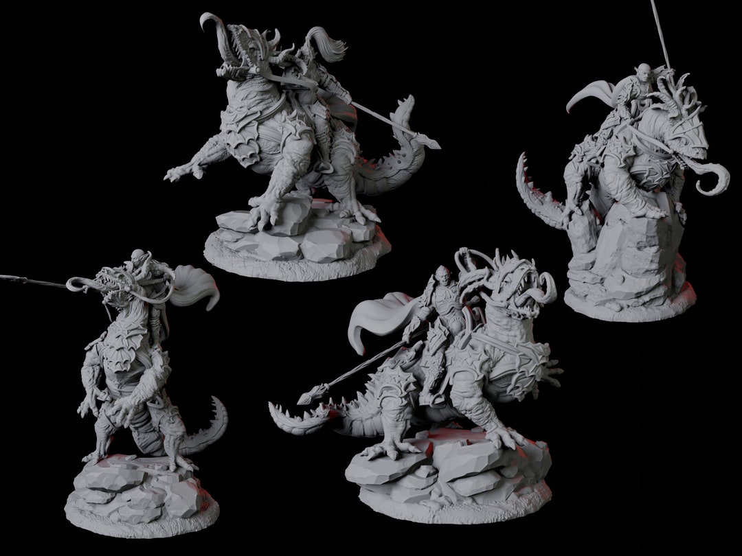 Four Dark Elf or Drow Fighter Miniatures Mounted on a Lizard for D&D ...