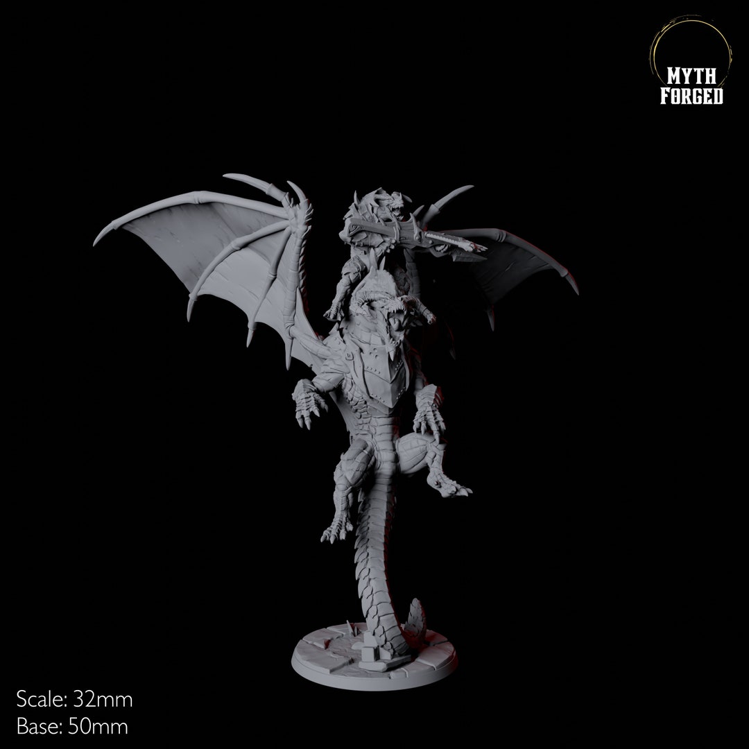 Valiant Dragonborn Warrior Riding Dragon Miniature C for D&D, Dungeons ...