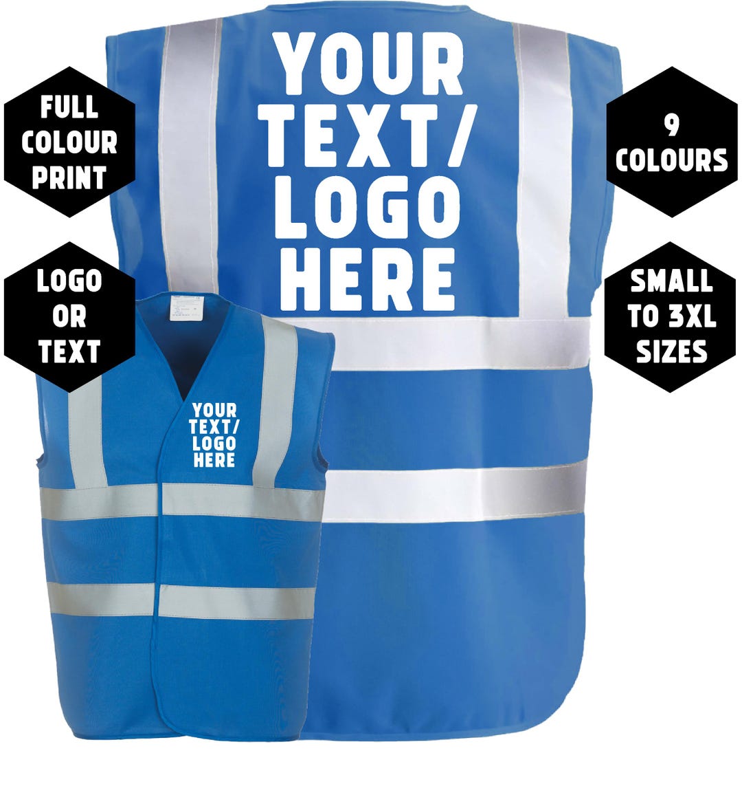 Personalised Custom Printed Hi Viz High Vis Safety Vest Waistcoat Blue ...