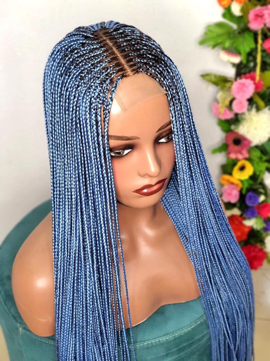 Blue Braided Wig, Long Knotless Box Braid Wig, Wigs for Black Women ...