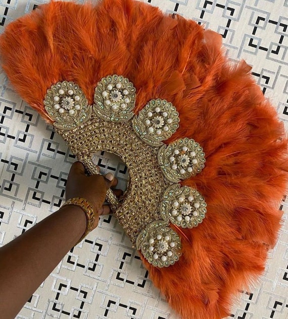 Orange Gold Feather Hand Fan Clutch Semi circle African Traditional Wedding Bridal Hand Fan Nigerian Wedding Hand Fan Bridesmaids Handfan Etsy UK