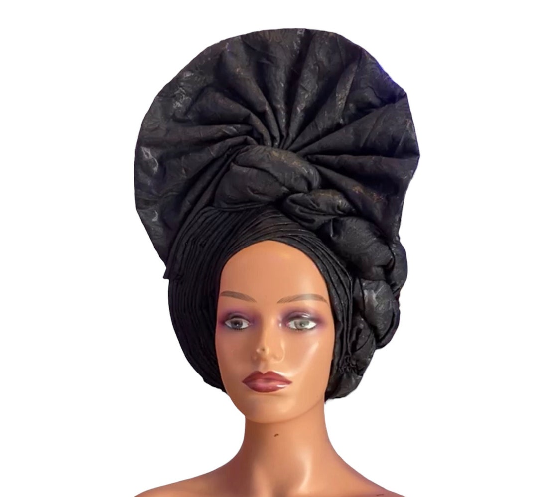 African Headwrap, Black Autogele Damask, African Turban Headwear ...