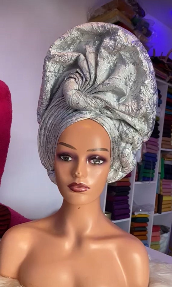 Silver Autogele Damask Pre-tied African Head-wrap Turban - Etsy
