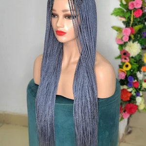 Blue Braided Wig, Long Knotless Box Braid Wig, Wigs for Black Women ...