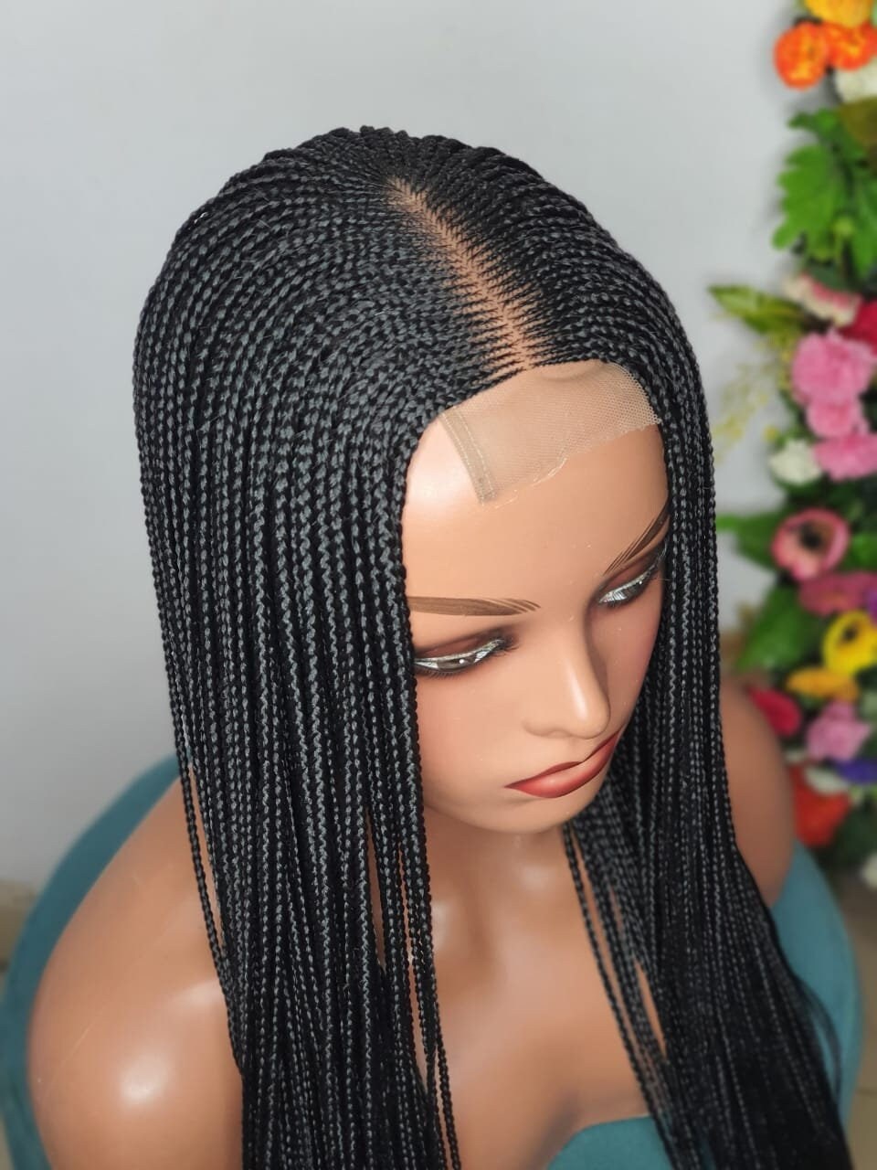 Braided Wig Lace Closure Cornrow Long Black Box Braid Wig - Etsy