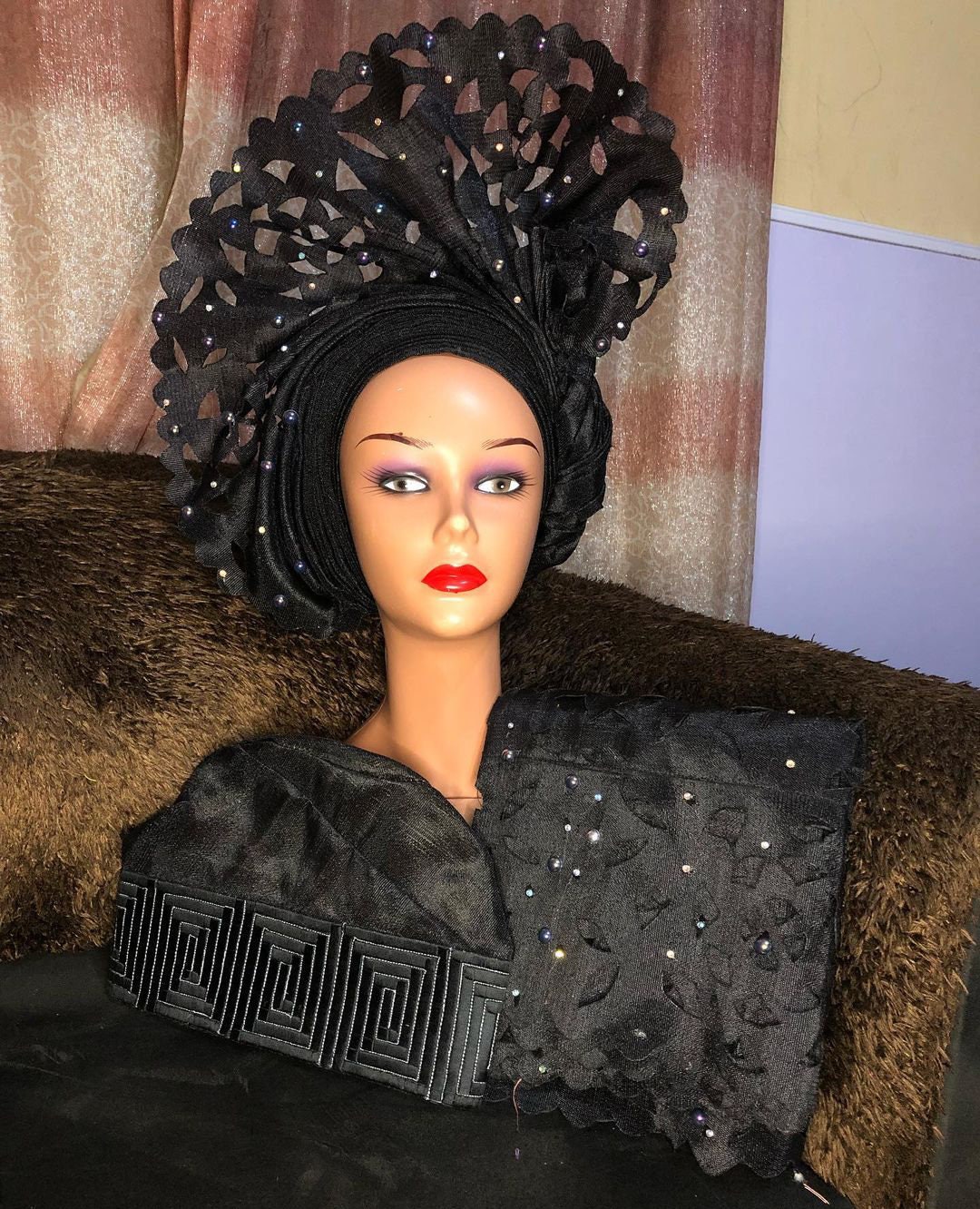 Autogele Aso-oke Black Pre-tied African Head Wrap African - Etsy