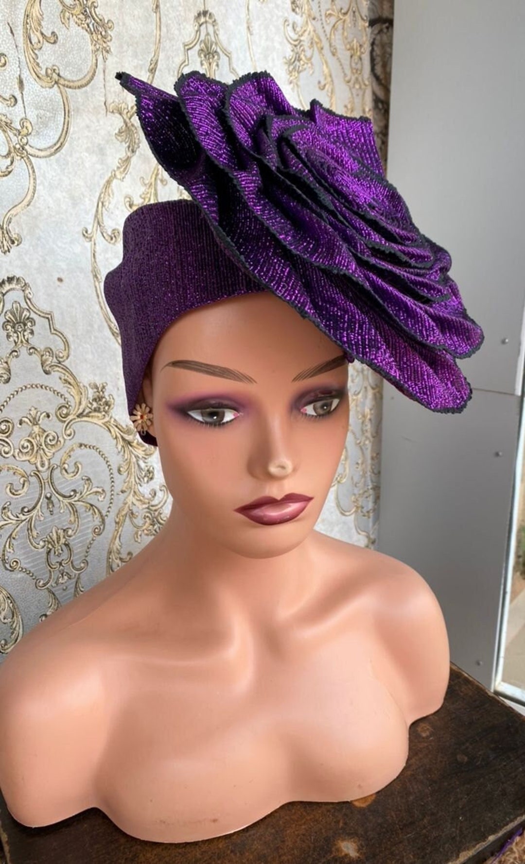 Autogele Aso-oke, Pre-tied Purple Gele Headwrap, African Turban ...
