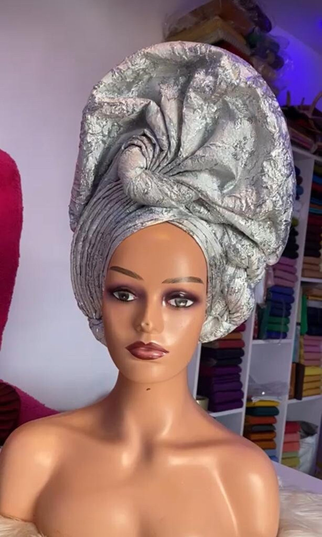 Silver Autogele Damask, Pre-tied African Head-wrap Turban Headwear ...