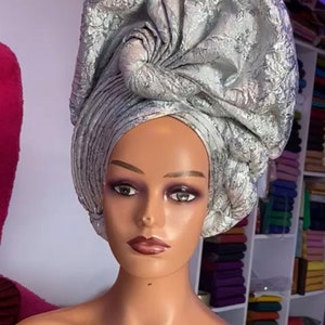 Silver Autogele Damask, Pre-tied African Head-wrap Turban Headwear ...