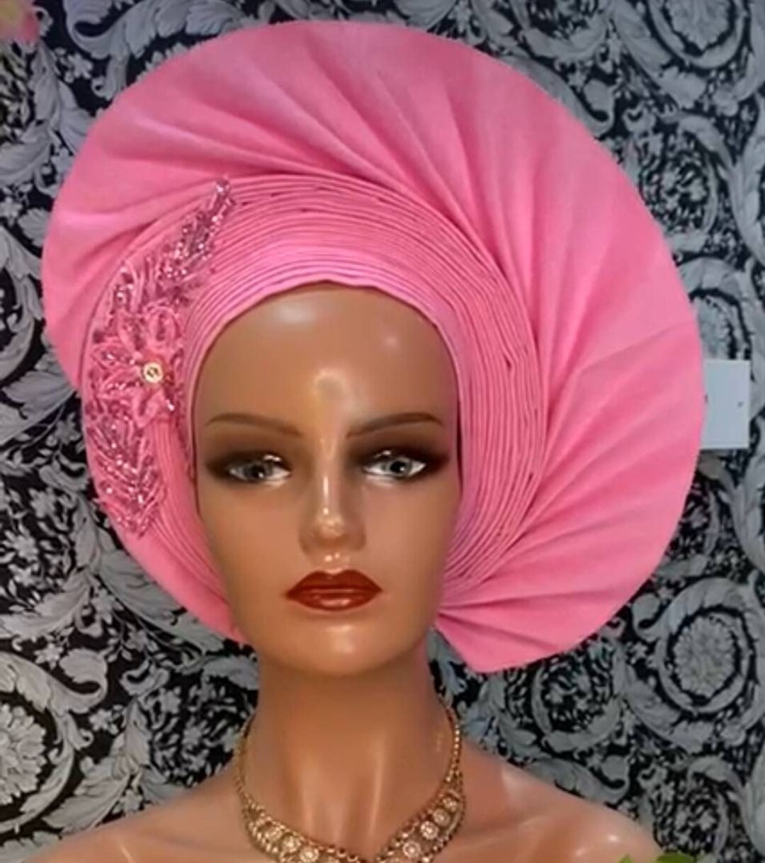 Pink African Headwrap, Autogele Aso-oke, Pre-tied Head Wrap, African ...