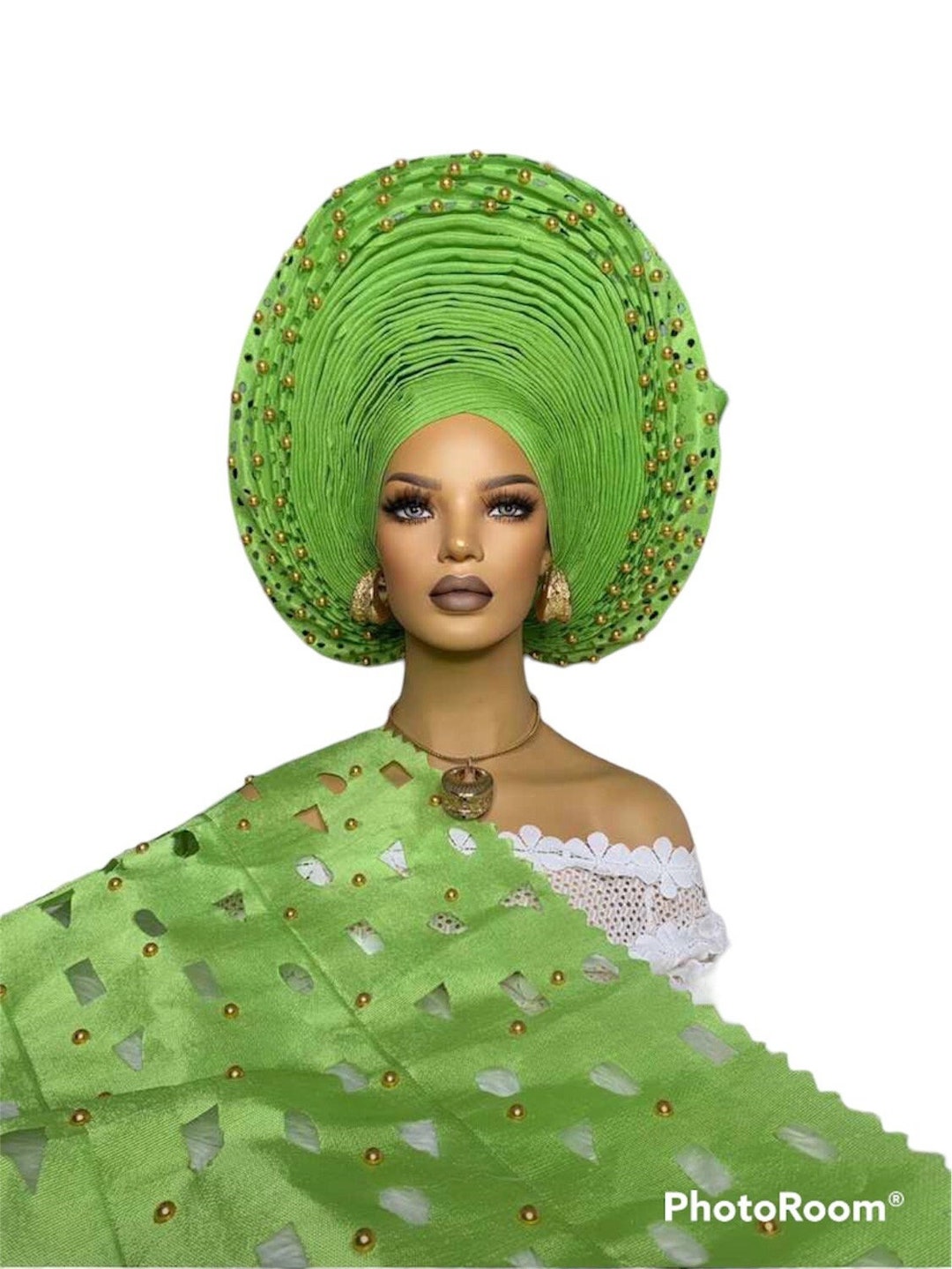 Green Autogele Aso-oke, Ready to Wear Lacer-cut Gele and Ipele Aso-oke ...
