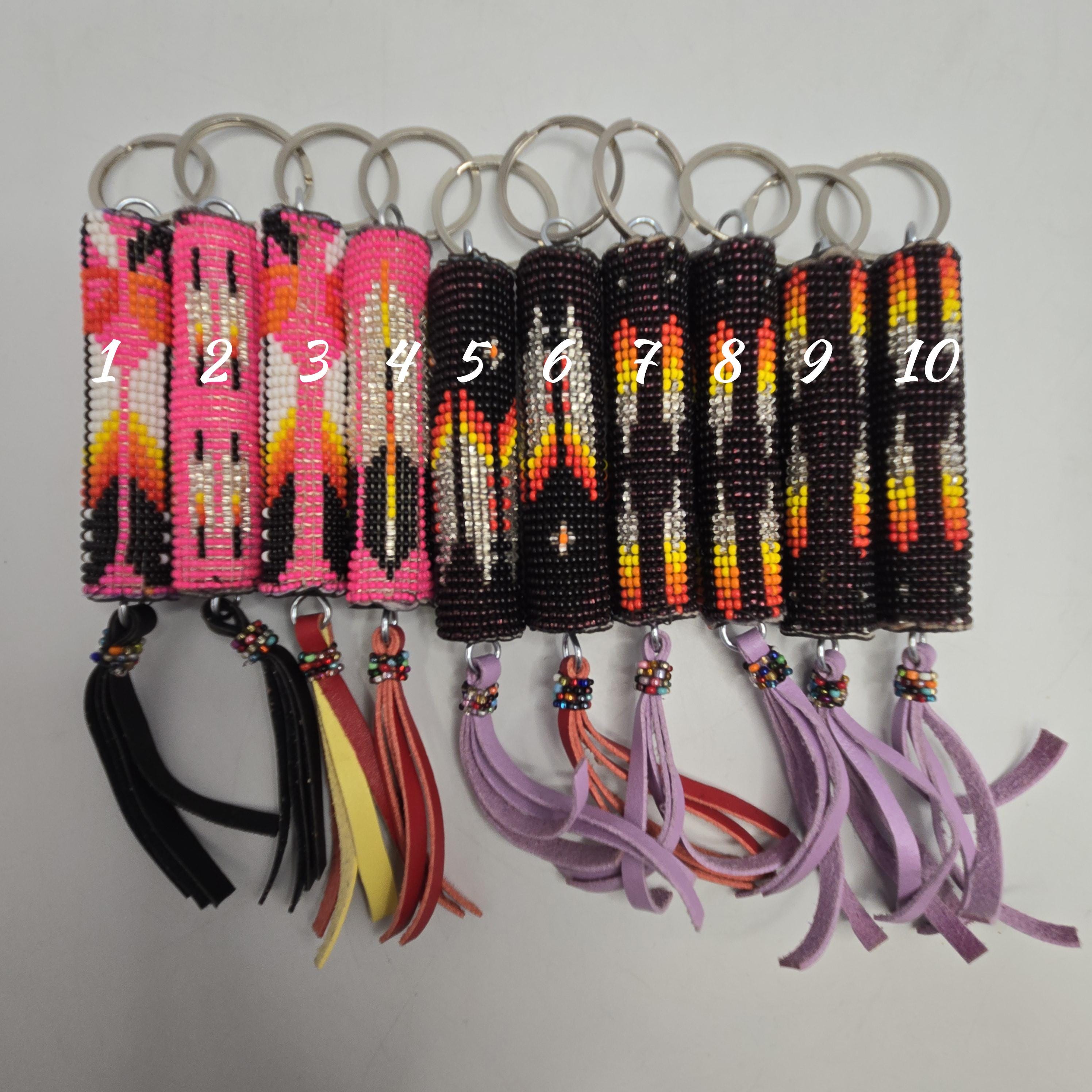 Beaded Keychain, Handmade Tube Shape Glass Bead Bag Charm, Leather ...