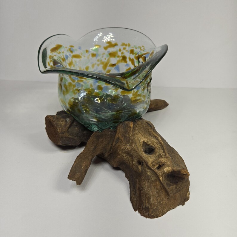 Driftwood Art With Removable Melten Glass Bowl, Hand-blown Handcrafted Ocean Themed Natural ...