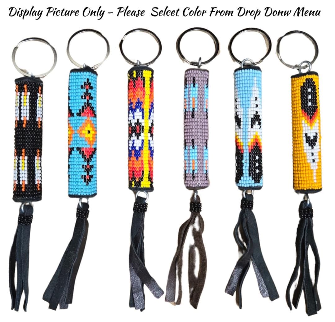 Beaded Keychain, Handmade Tube Shape Glass Bead Bag Charm, Leather ...