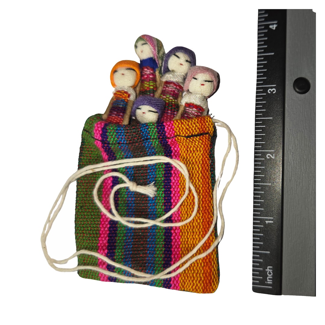 Set of 5 Guatemalan Worry Dolls in Cotton Drawstring Pouch, Handmade ...