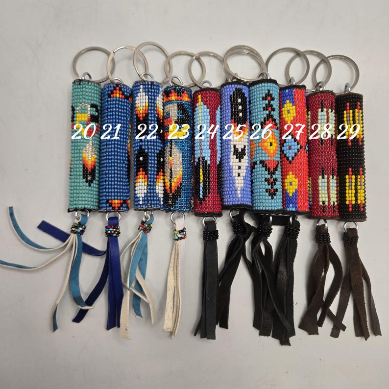 Beaded Keychain, Handmade Tube Shape Glass Bead Bag Charm, Leather ...