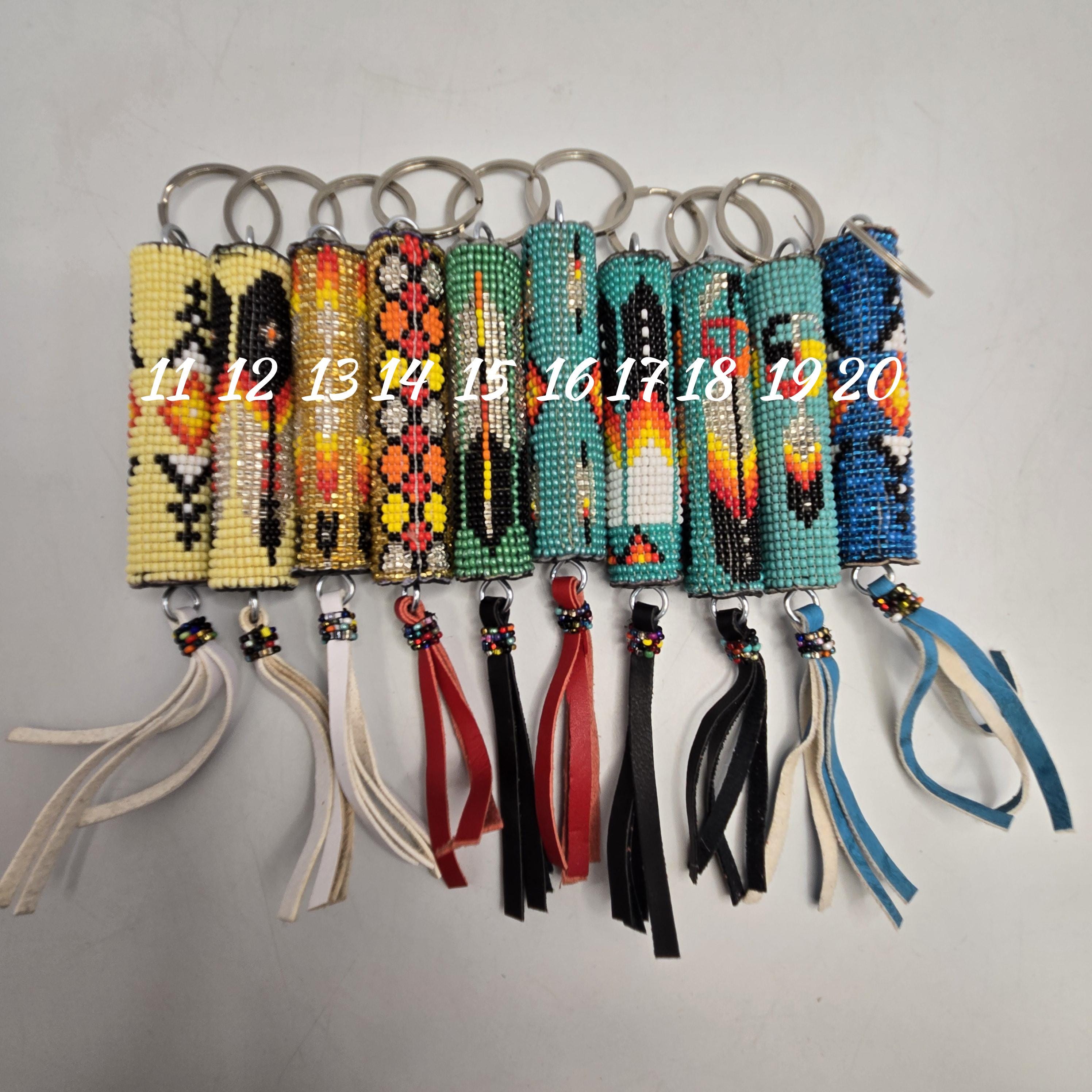 Beaded Keychain, Handmade Tube Shape Glass Bead Bag Charm, Leather ...