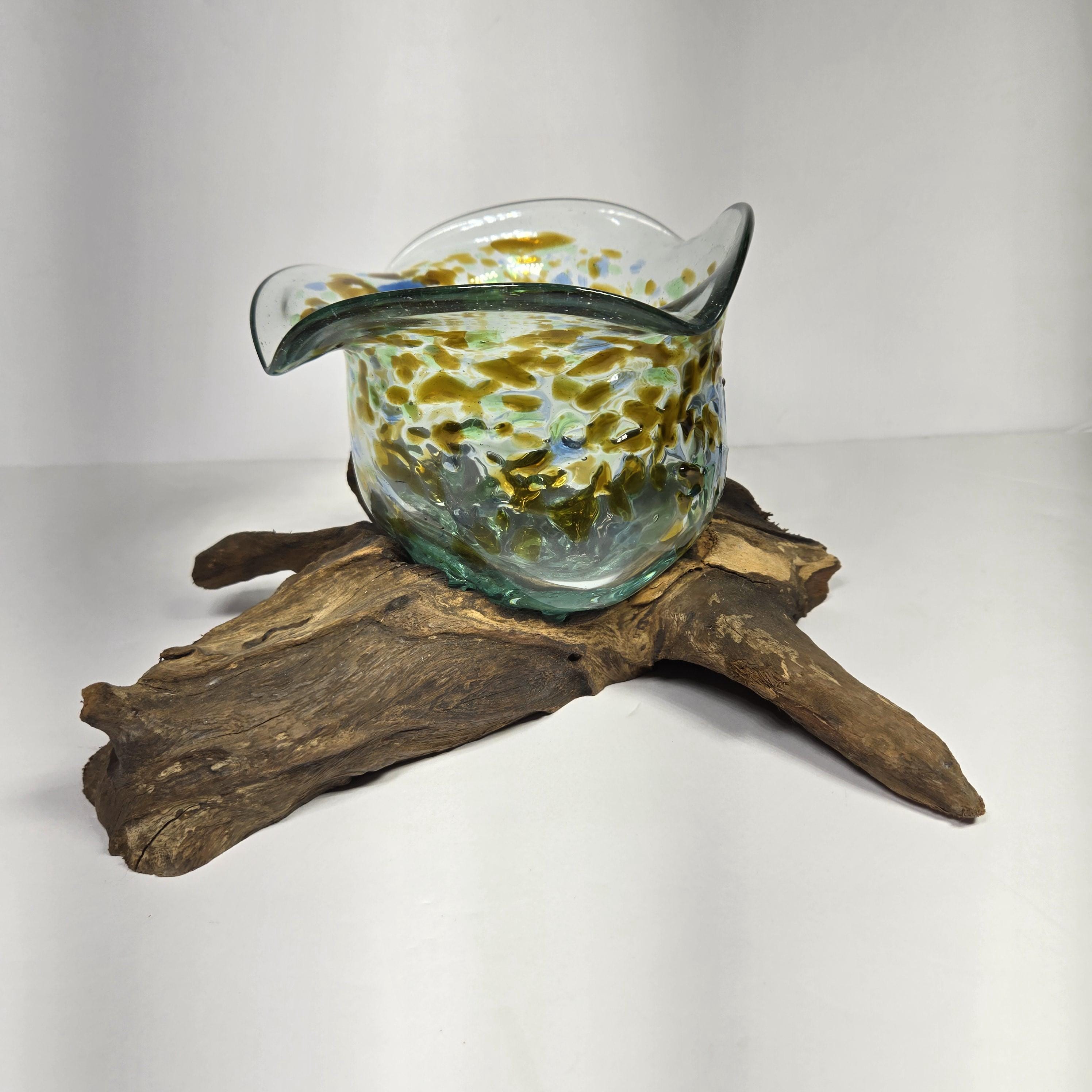 Driftwood Art With Removable Melten Glass Bowl, Hand-blown Handcrafted Ocean Themed Natural ...