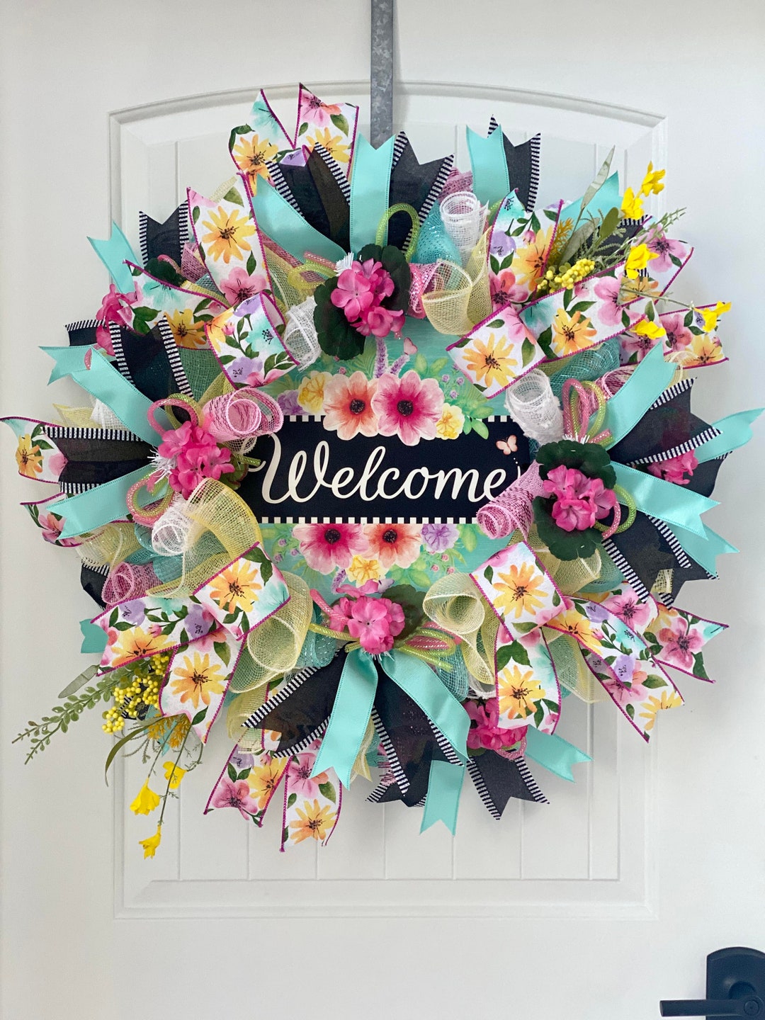Handmade Floral welcome Wreath, Welcome Wreath, Summer Wreath, Spring ...