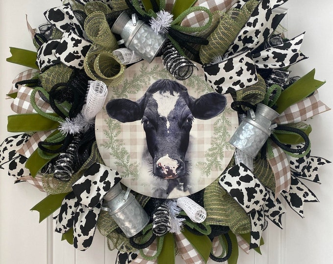 Cow Wreath, Farmhouse Wreath With a Cow, Cow Farmhouse Wreath, Country ...