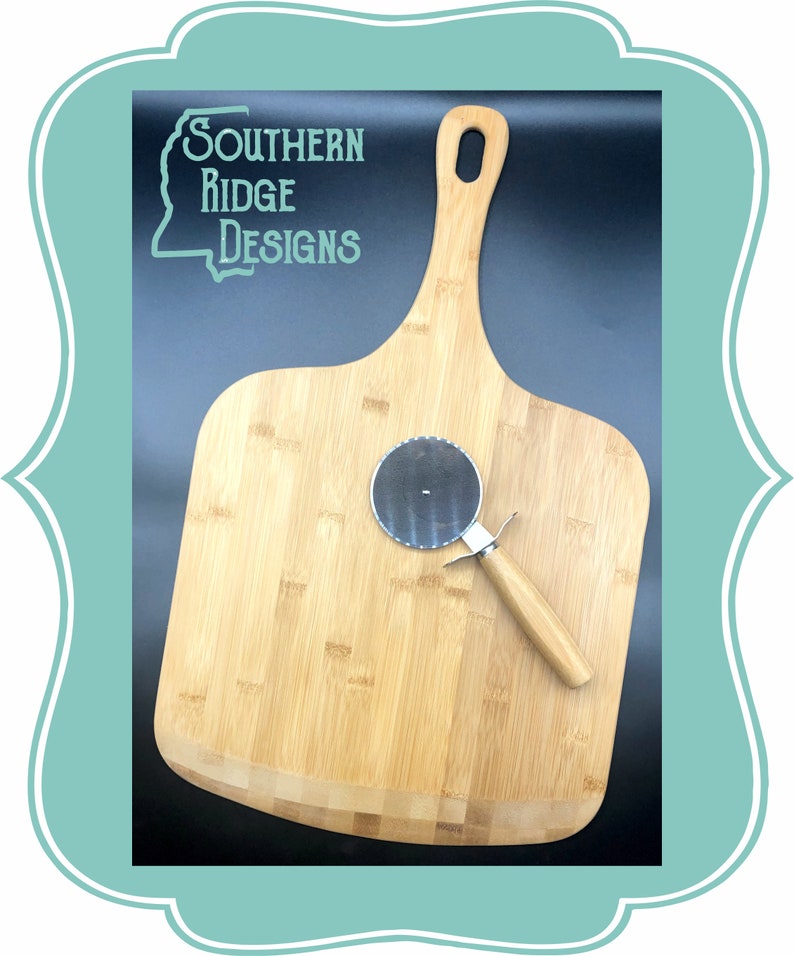 LARGE Custom Engraved Bamboo Pizza Paddle Cutting Board & Pizza Cutter ...